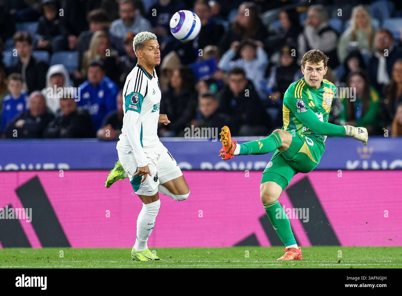 #30, goalkeeper Mads Hermansen of Leicester City clears the ball during ...