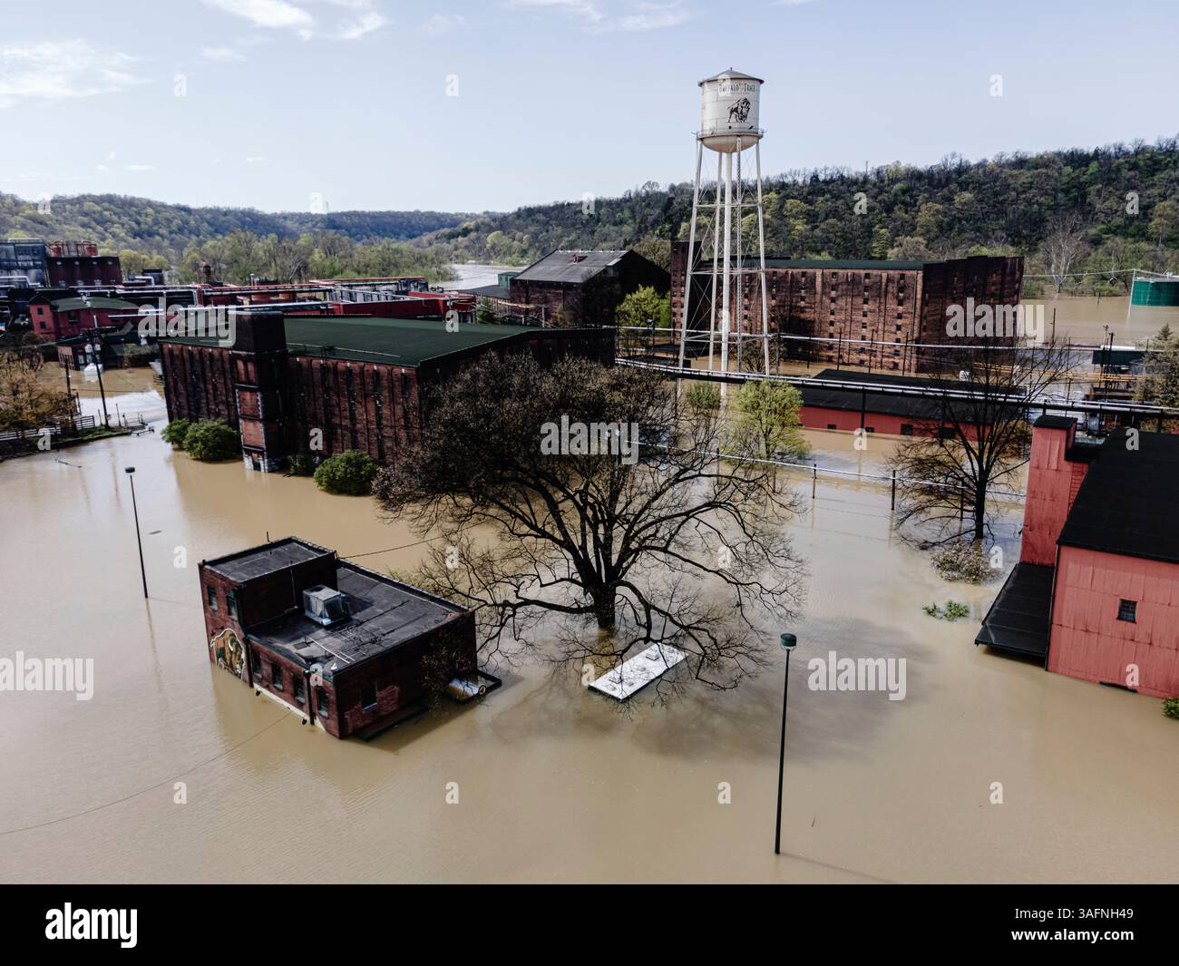 In an aerial view, the flooded Buffalo Trace Distillery is seen on ...