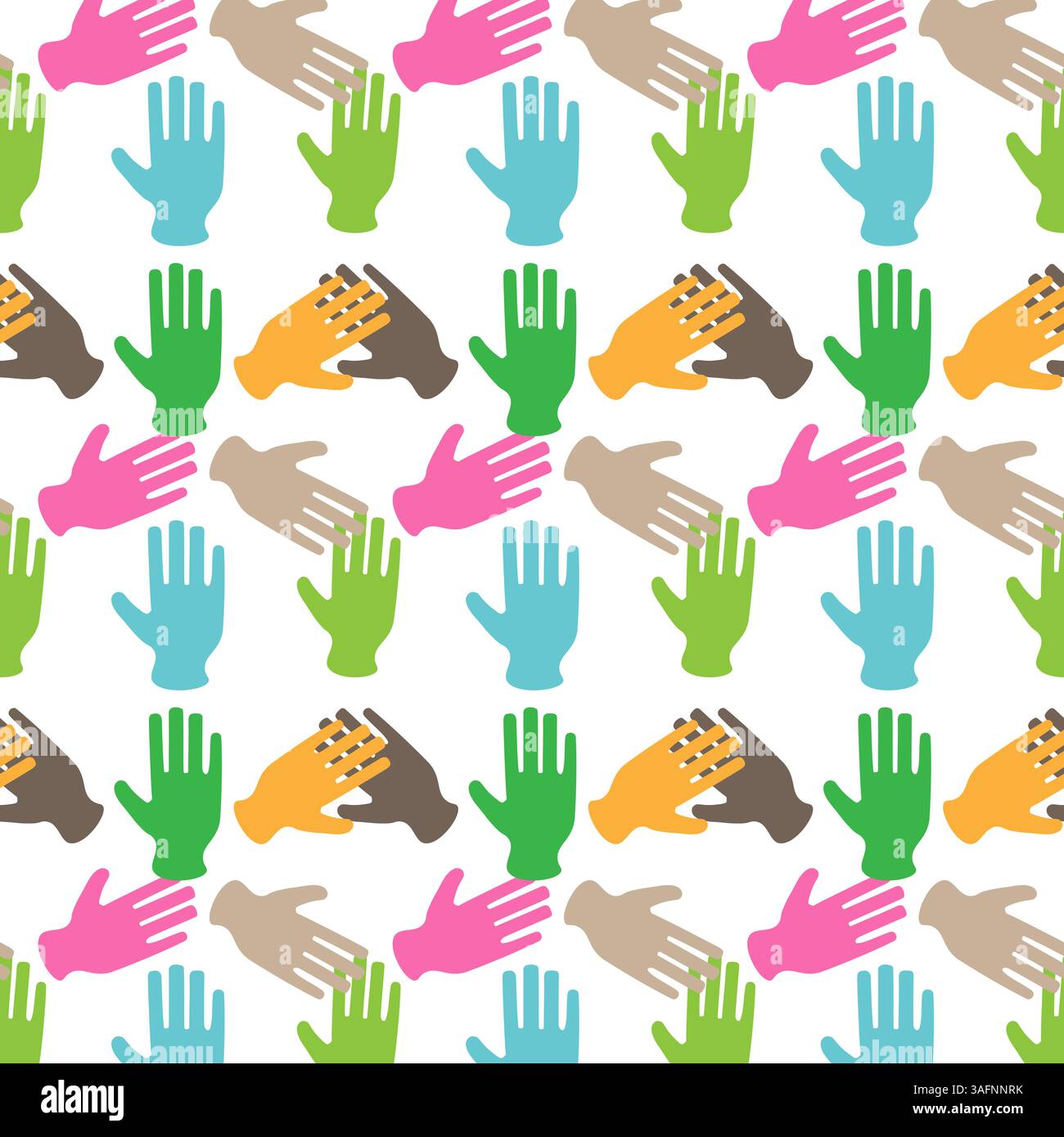Colorful handprint pattern with diverse skin tones on white background ...