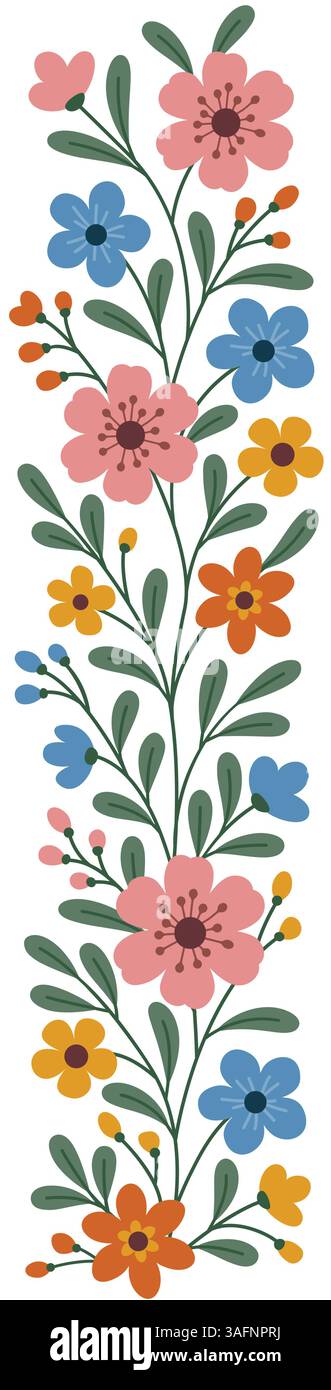 Vertical border with bright spring flowers. Flowers decor in flat ...