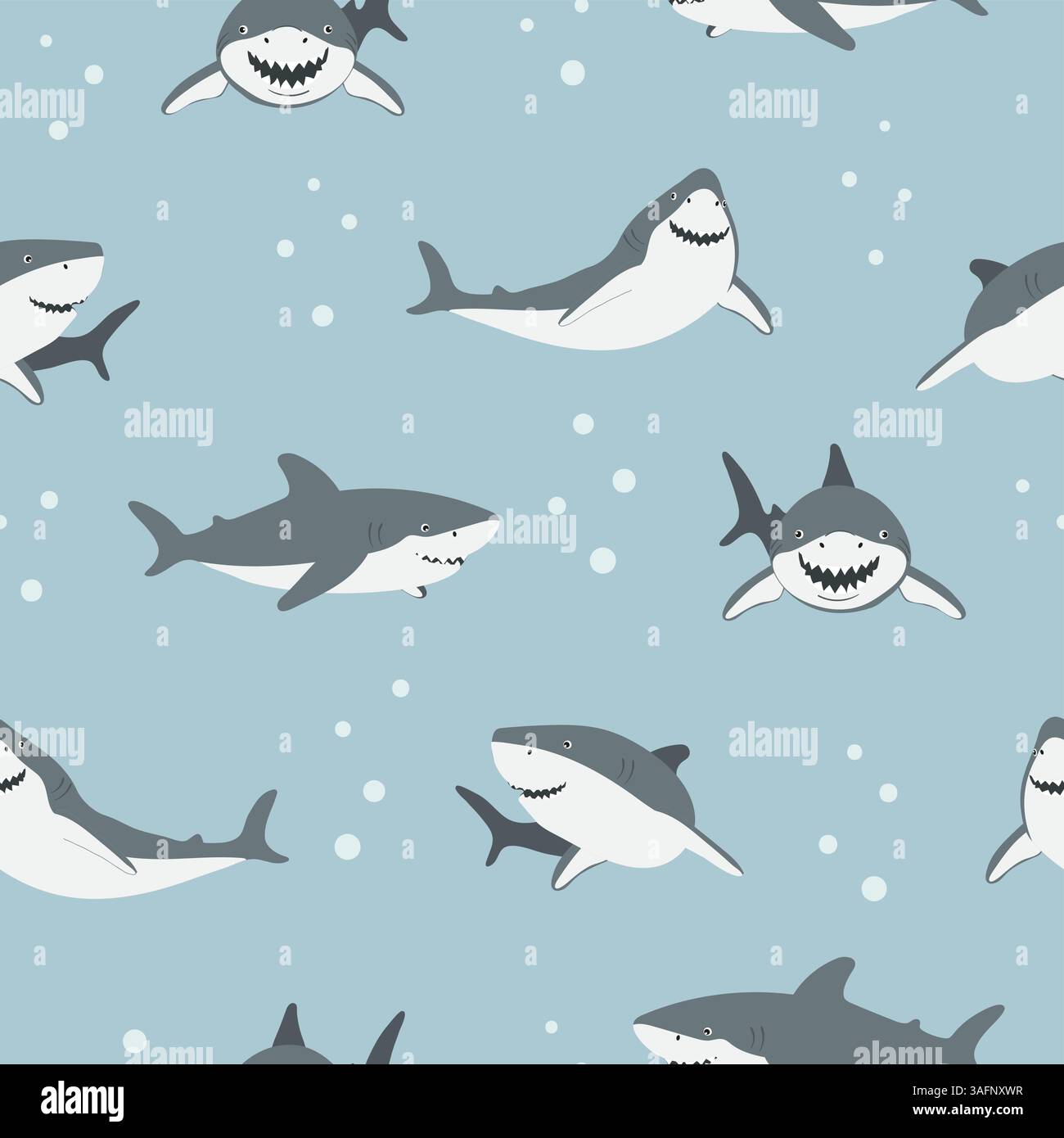 Cartoon Sharks seamless pattern. Cute smiling shark in different poses. Marine predator fish ...