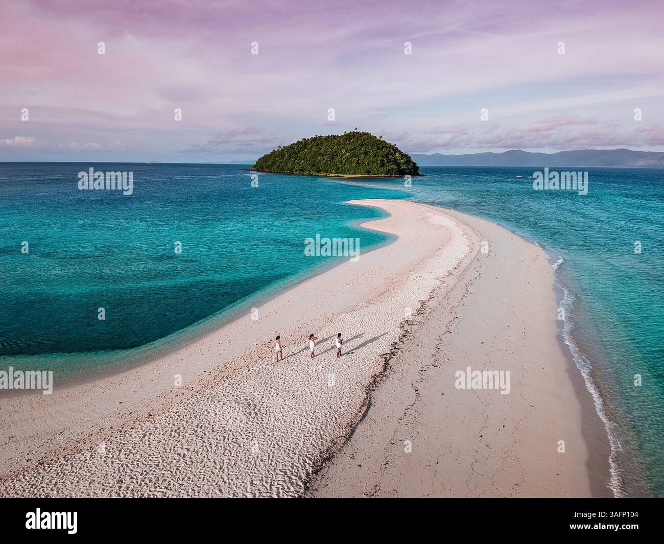 Aerial view of a pristine white sandbar leading to a lush green island ...
