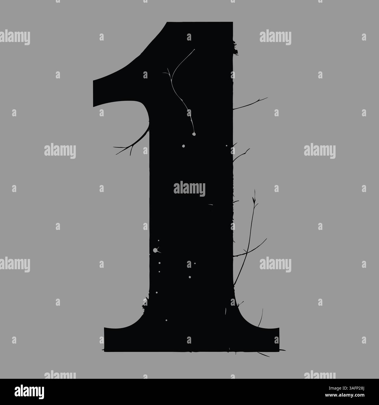 A stylized number 1 in solid black with natural elements on light gray ...