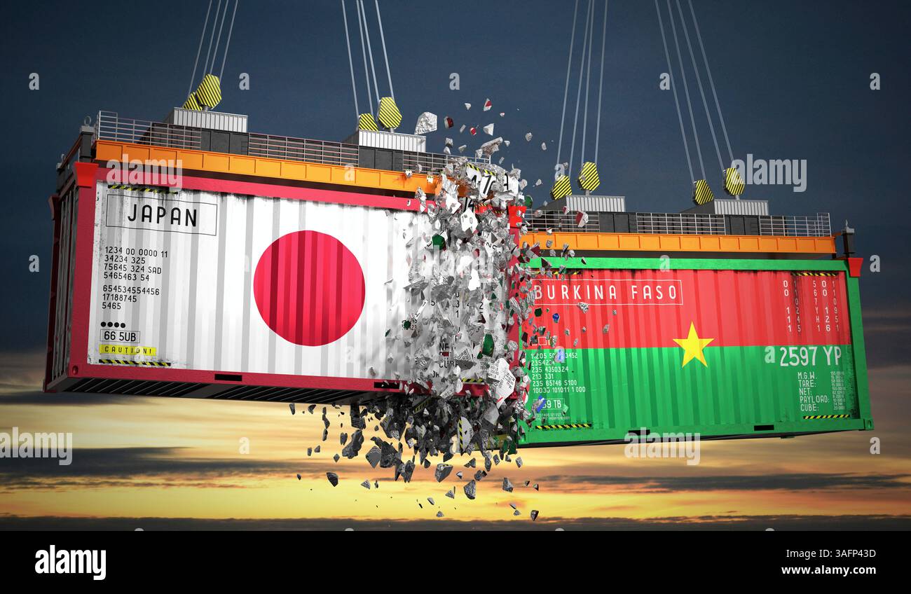 Cargo containers with flags of Japan and Burkina Faso - 3D illustration ...