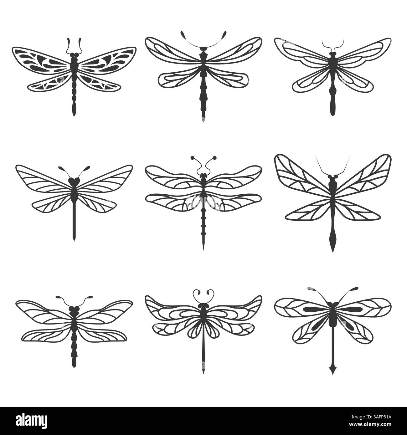 Set of nine dragonfly silhouettes in black and white with elegant wing ...