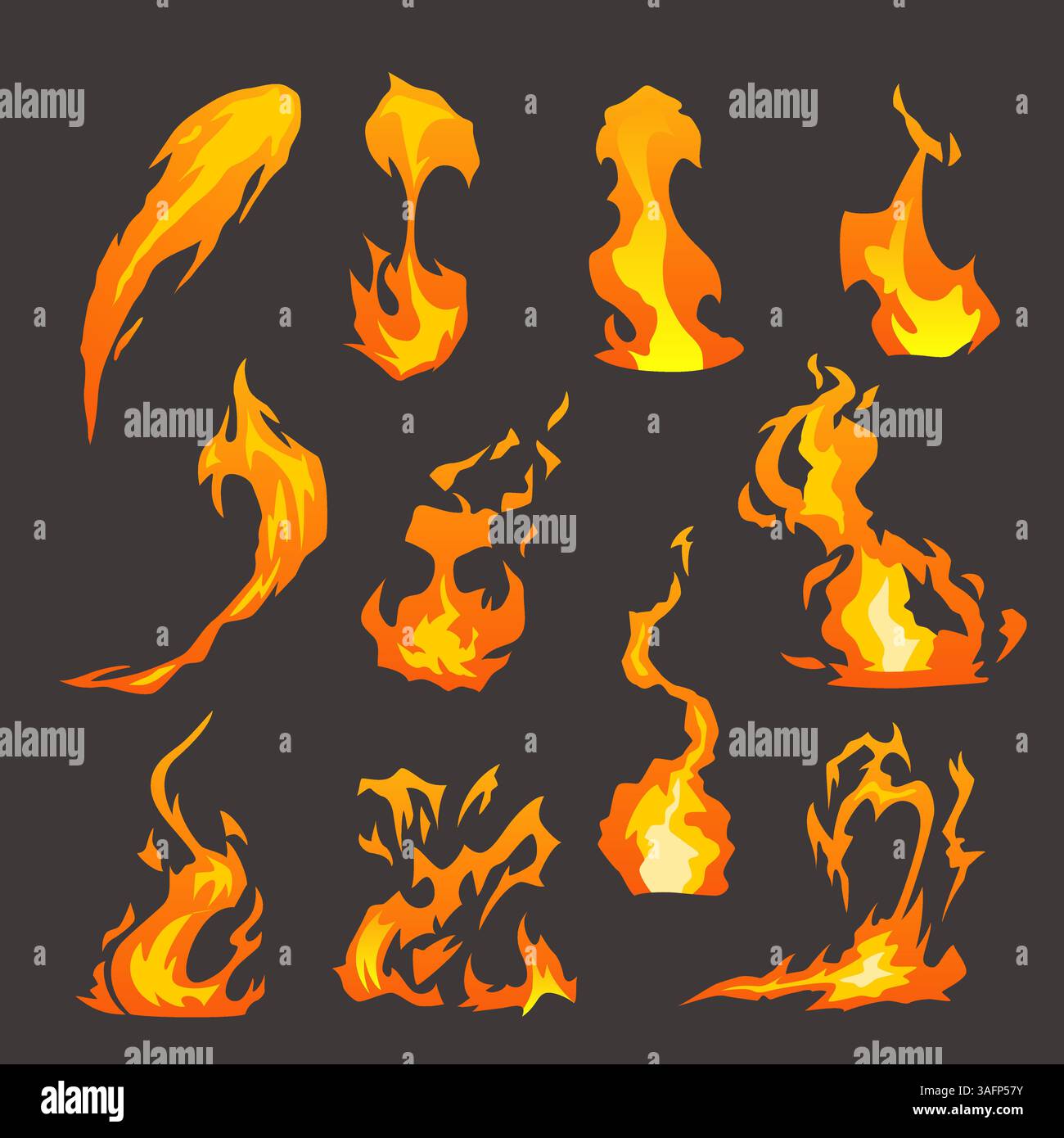 Collection of stylized fire flames on dark background Stock Vector ...