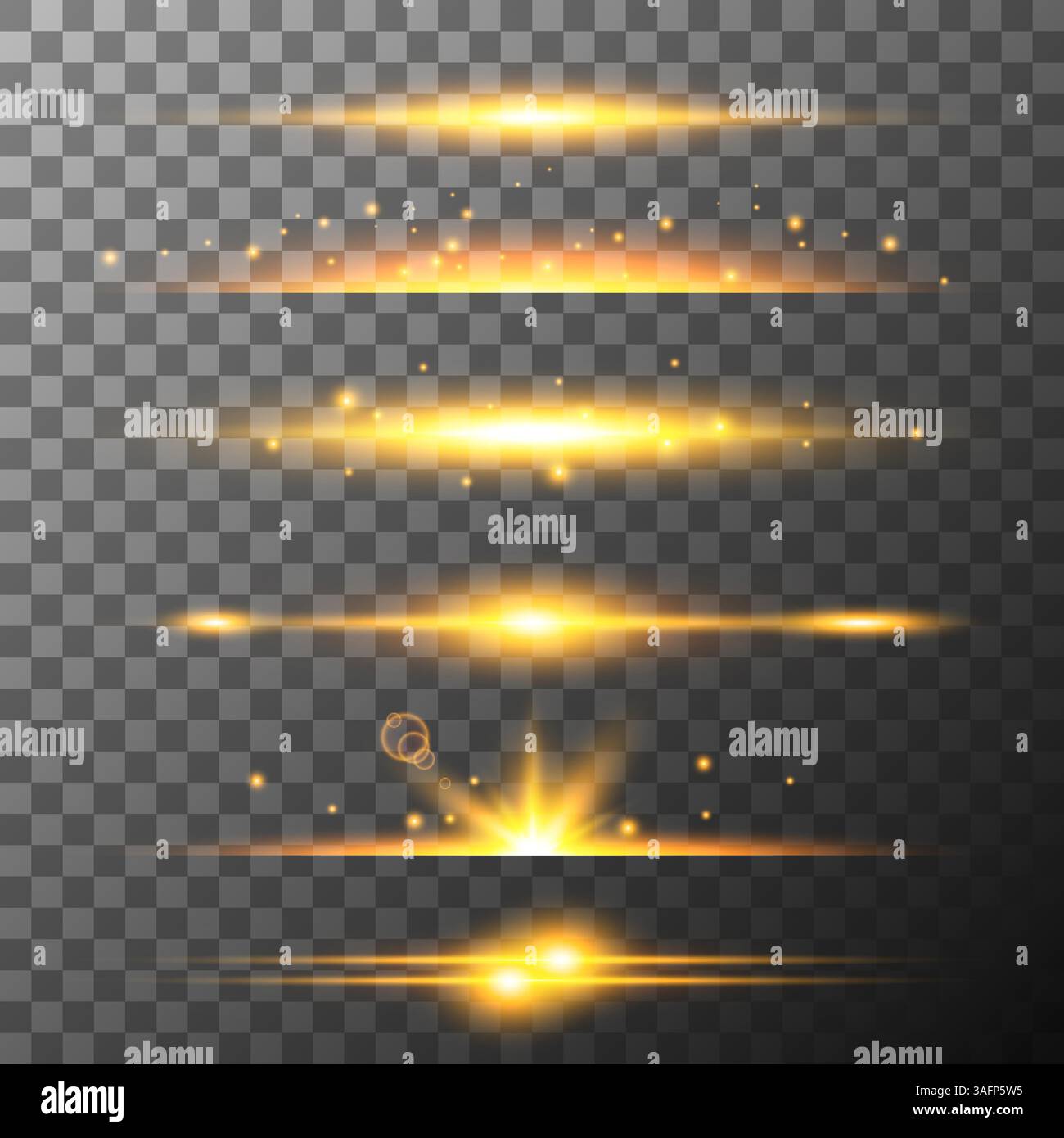 Collection of golden glowing light streaks with motion blur effects on ...