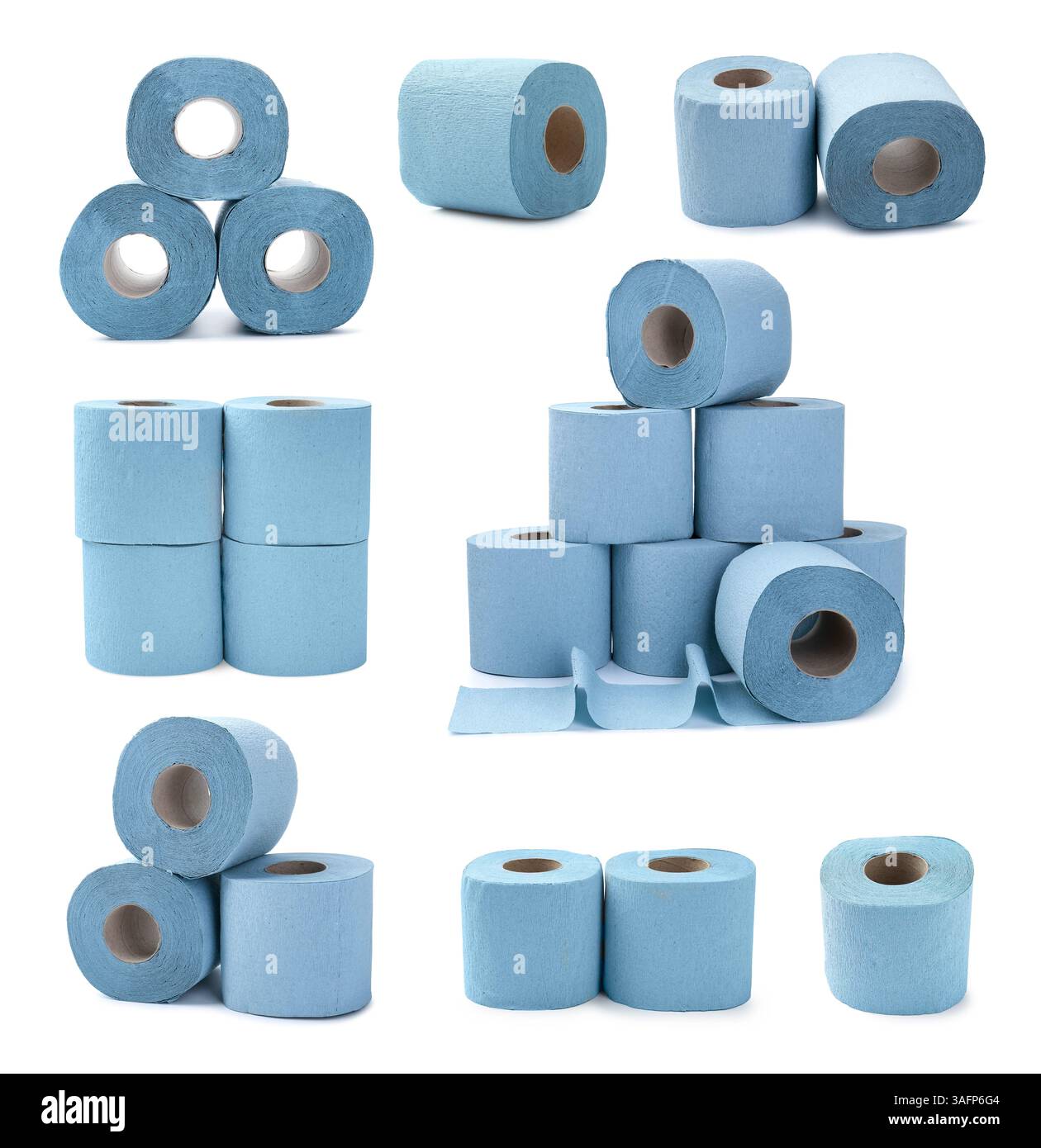 Blue toilet paper rolls isolated on white, set Stock Photo - Alamy