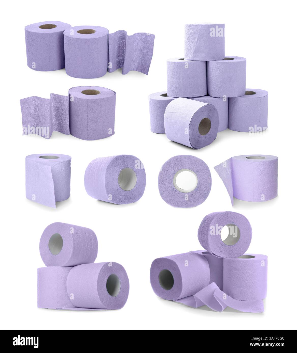 Violet toilet paper rolls isolated on white, set Stock Photo - Alamy