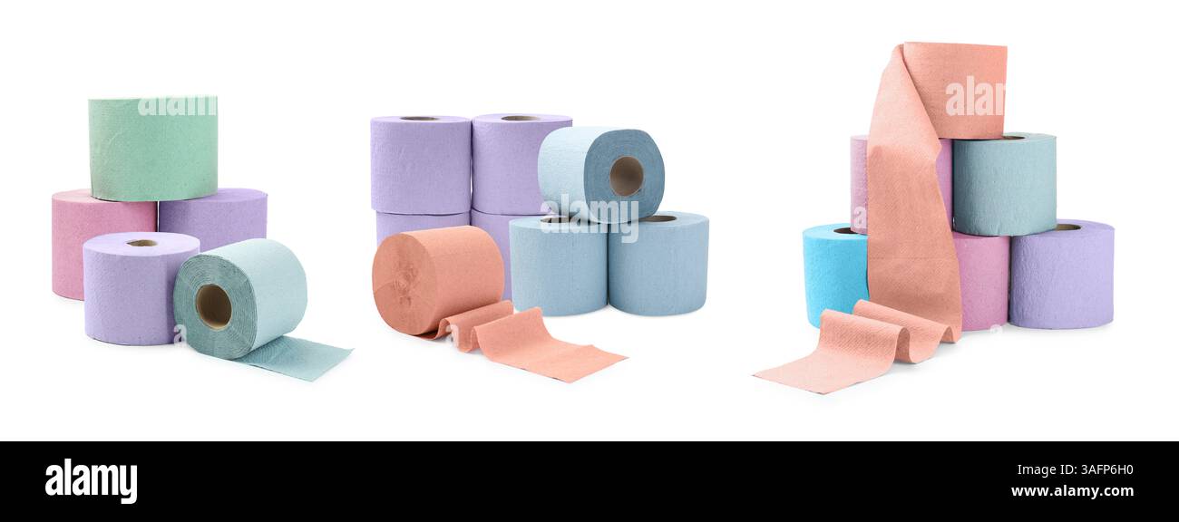 Colorful toilet paper rolls isolated on white, set Stock Photo - Alamy