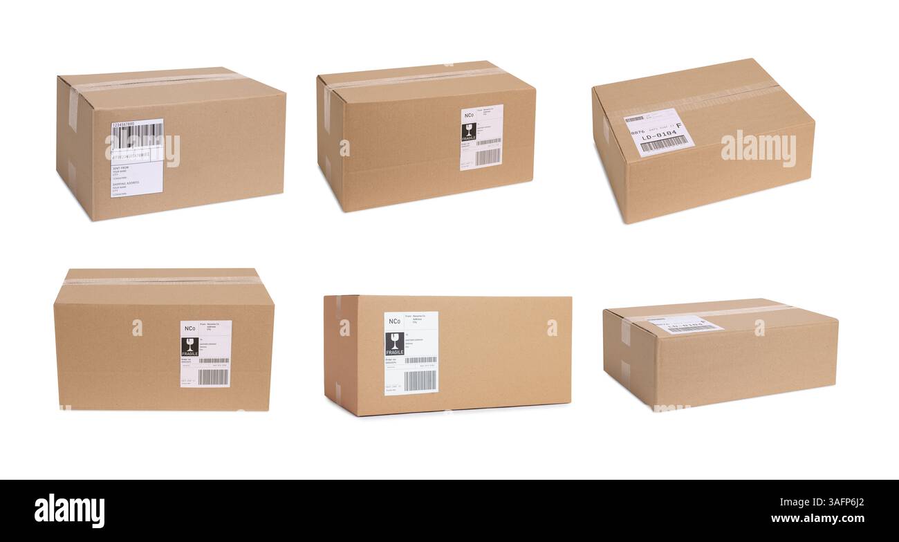 Many different parcels with shipping labels isolated on white, collage ...