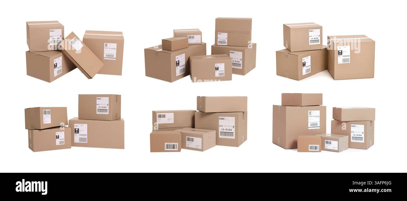 Many different parcels with shipping labels isolated on white, collage ...