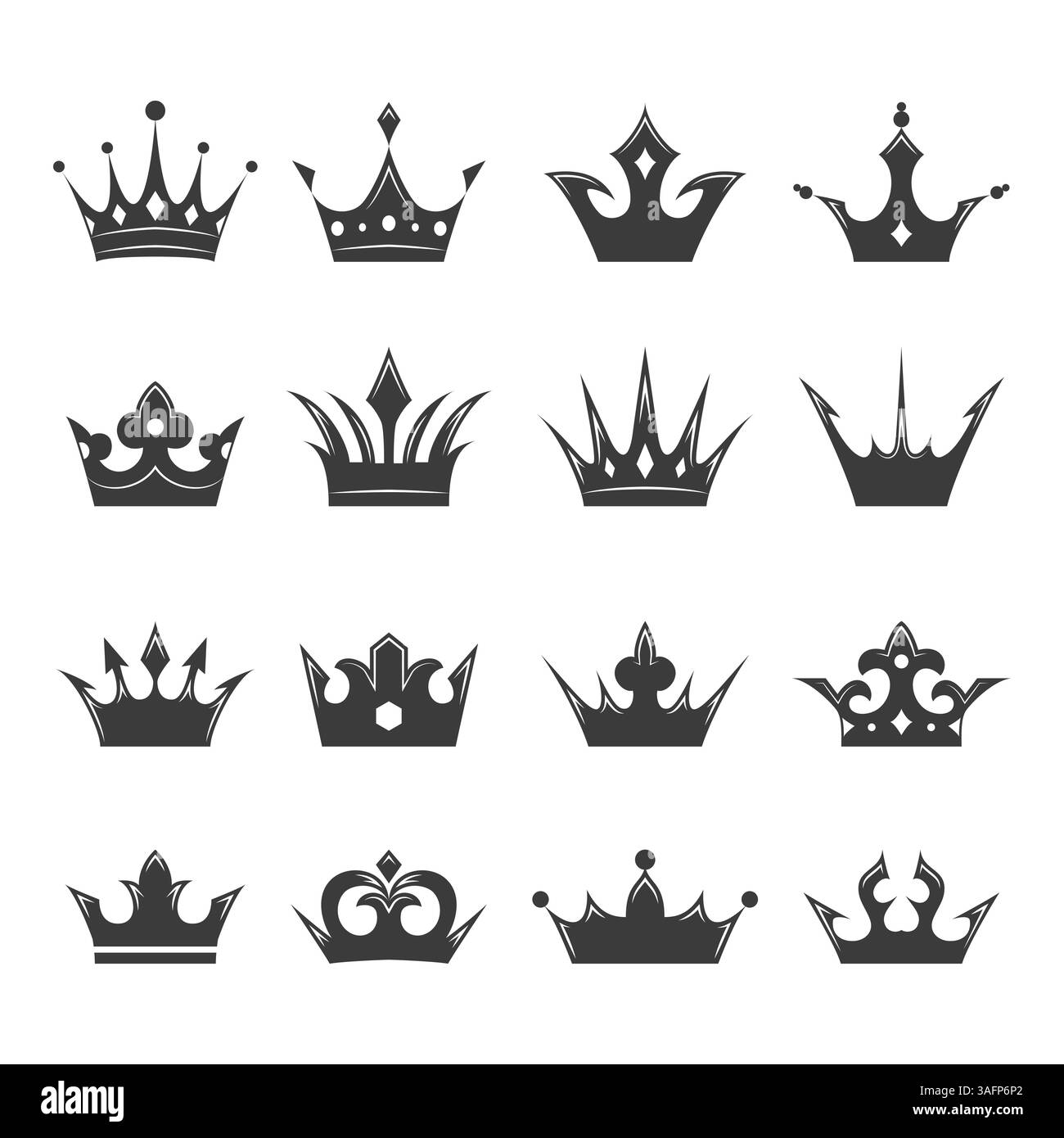 Collection of black crown silhouettes in various elegant designs. Set ...