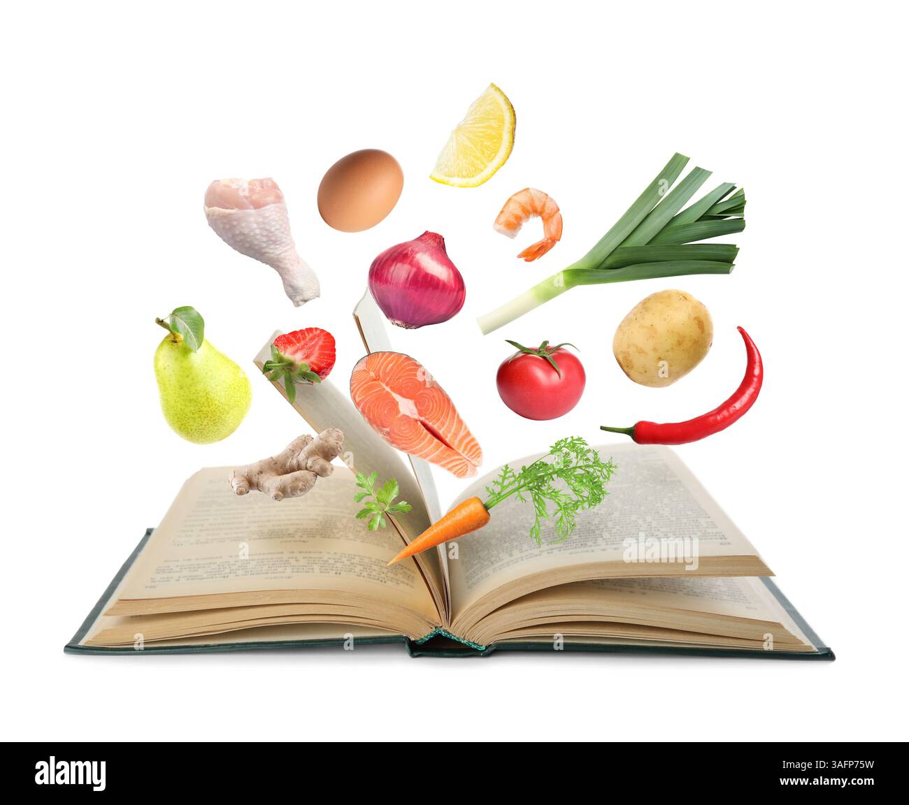 Fresh ingredients in air over recipe book on white background Stock ...