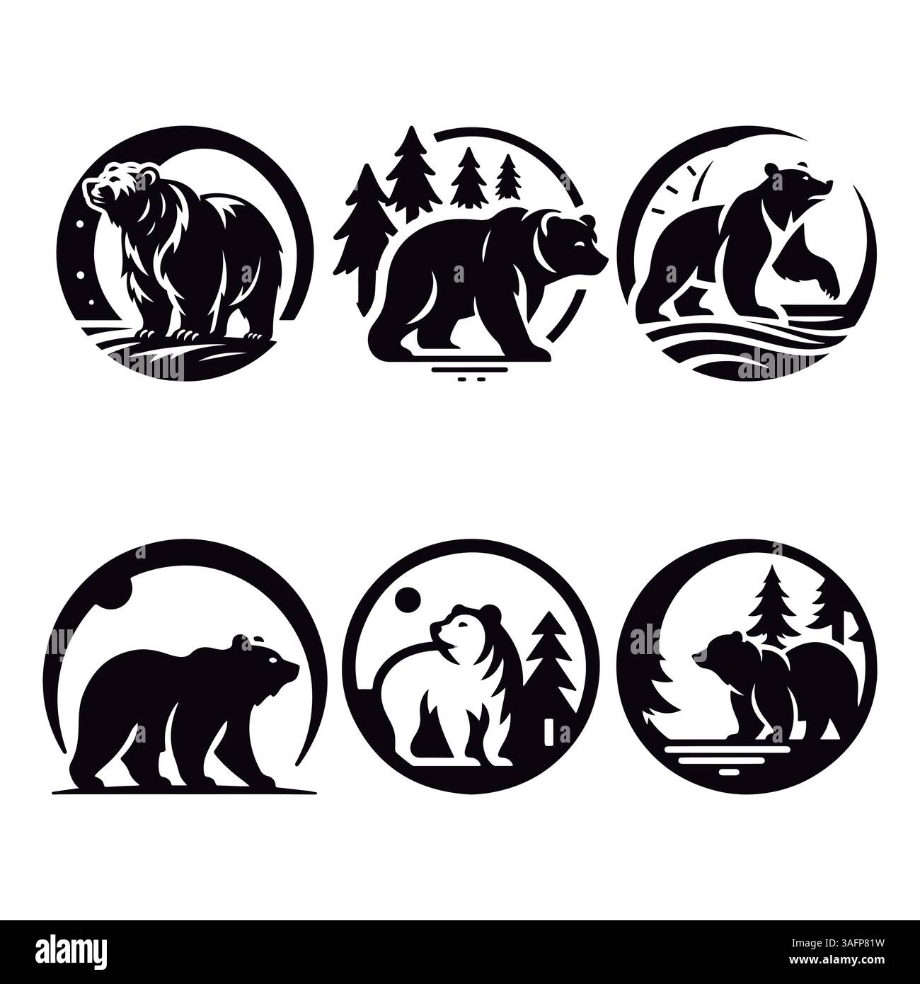 Bear and Forest Illustration Logo set. Nature and Animal Symbol. The ...