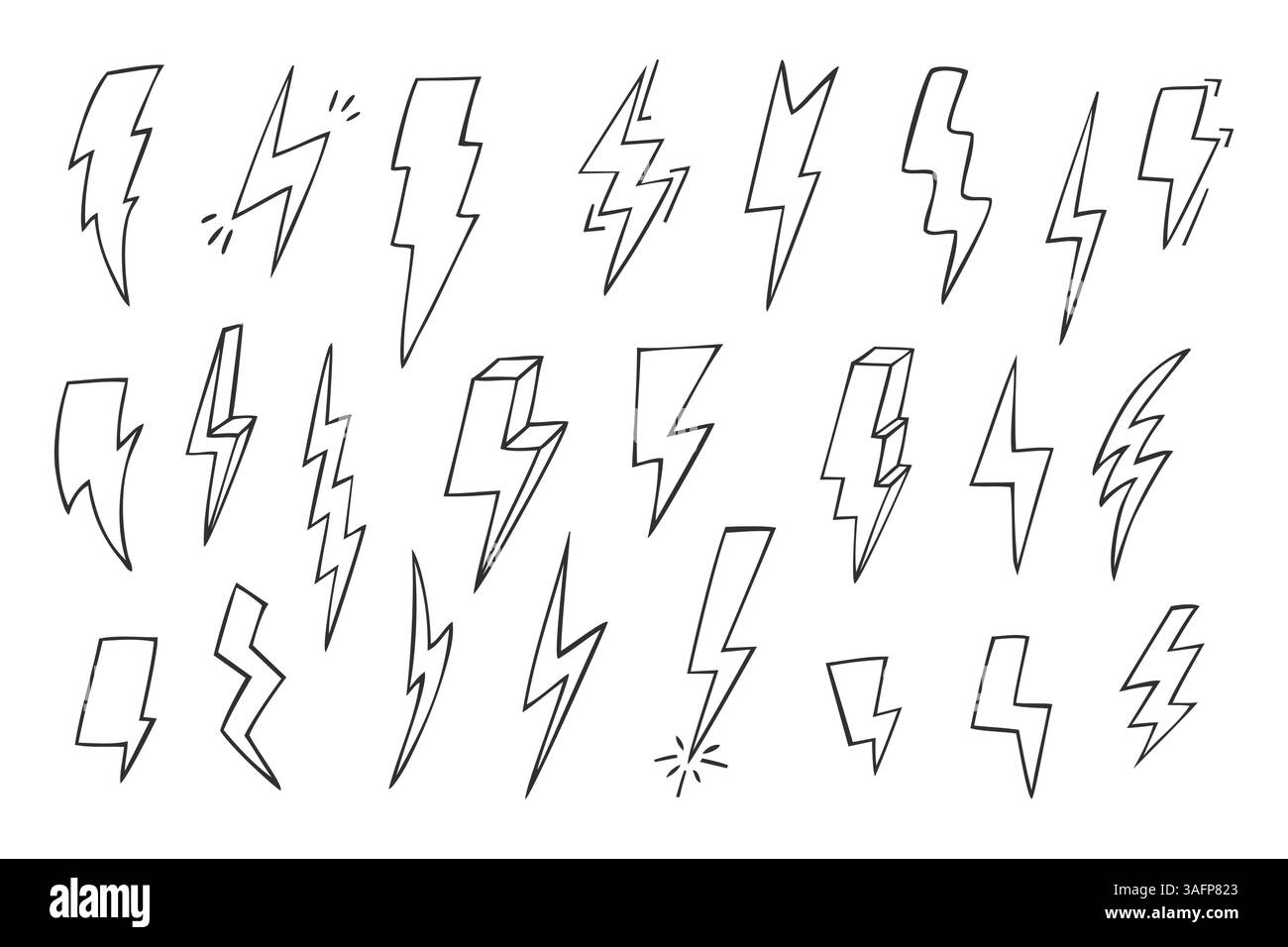 Collection of hand drawn lightning bolt doodles in various styles ...