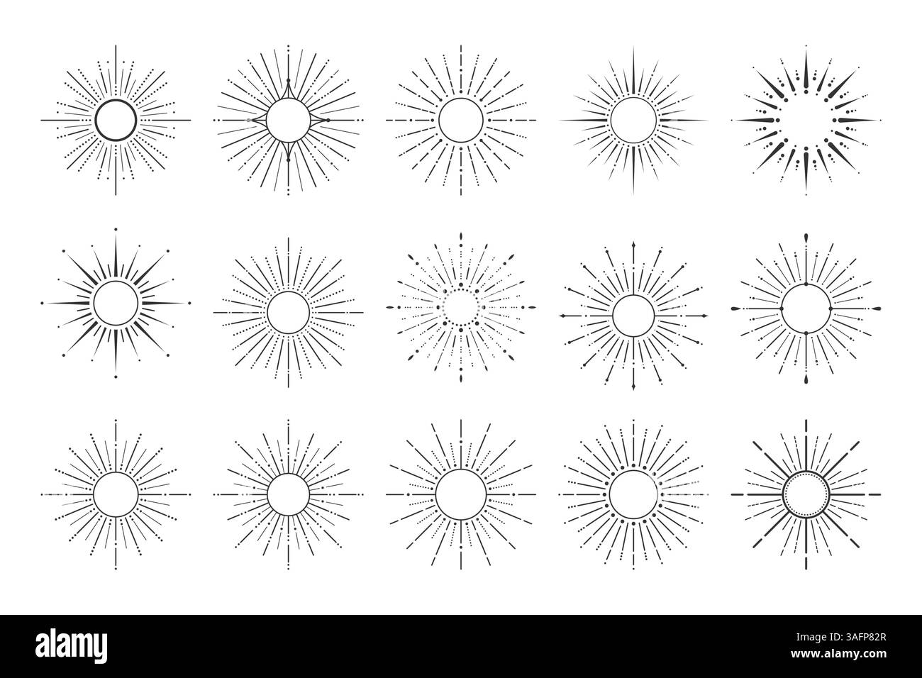 Collection of hand drawn sunburst designs with geometric and vintage ...