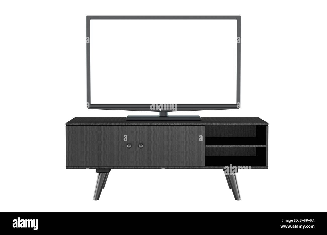 LED Flat Screen TV with white screen on TV nightstand with shelves ...