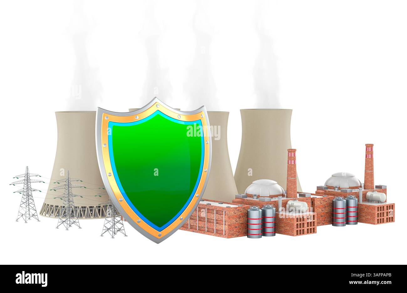 Nuclear power stations with shield, 3D rendering isolated on white ...