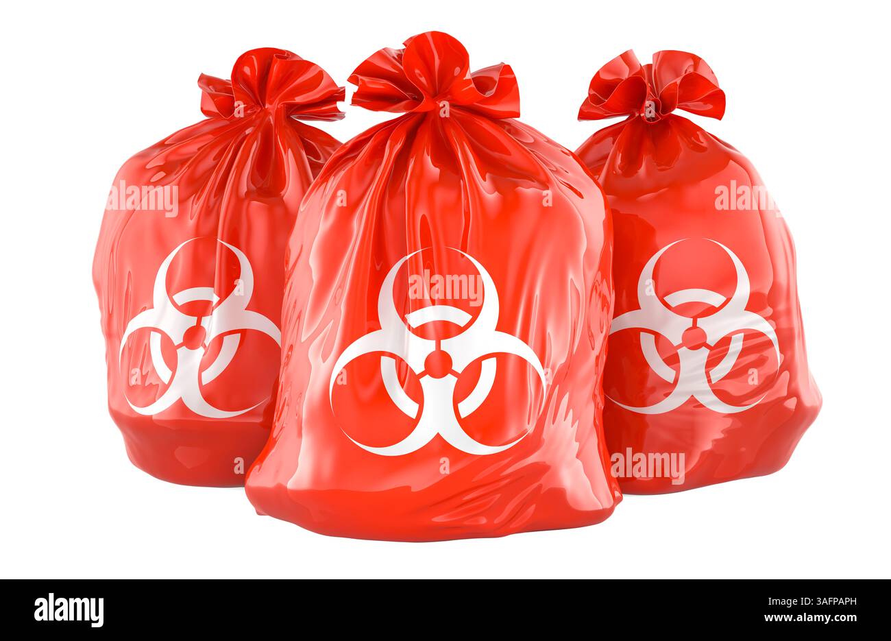 Full garbage bags with biohazard symbols, 3D rendering isolated on ...