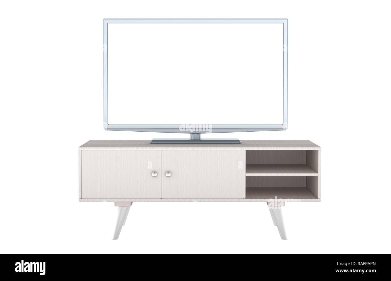 Smart TV set with white screen on stand for TV set. White color, front ...