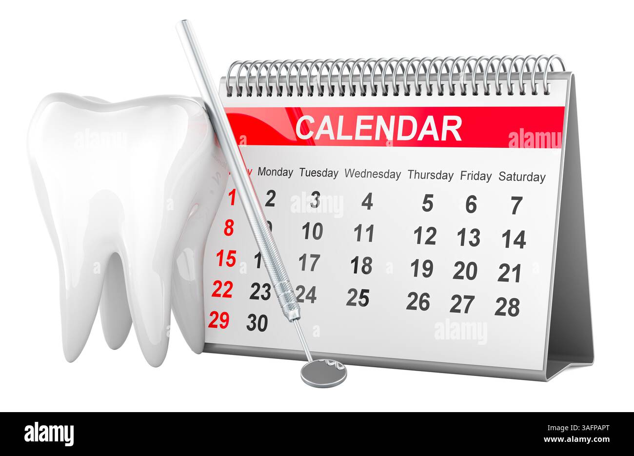 Tooth and desk calendar with dental mirror. Dentist date, concept. 3D ...
