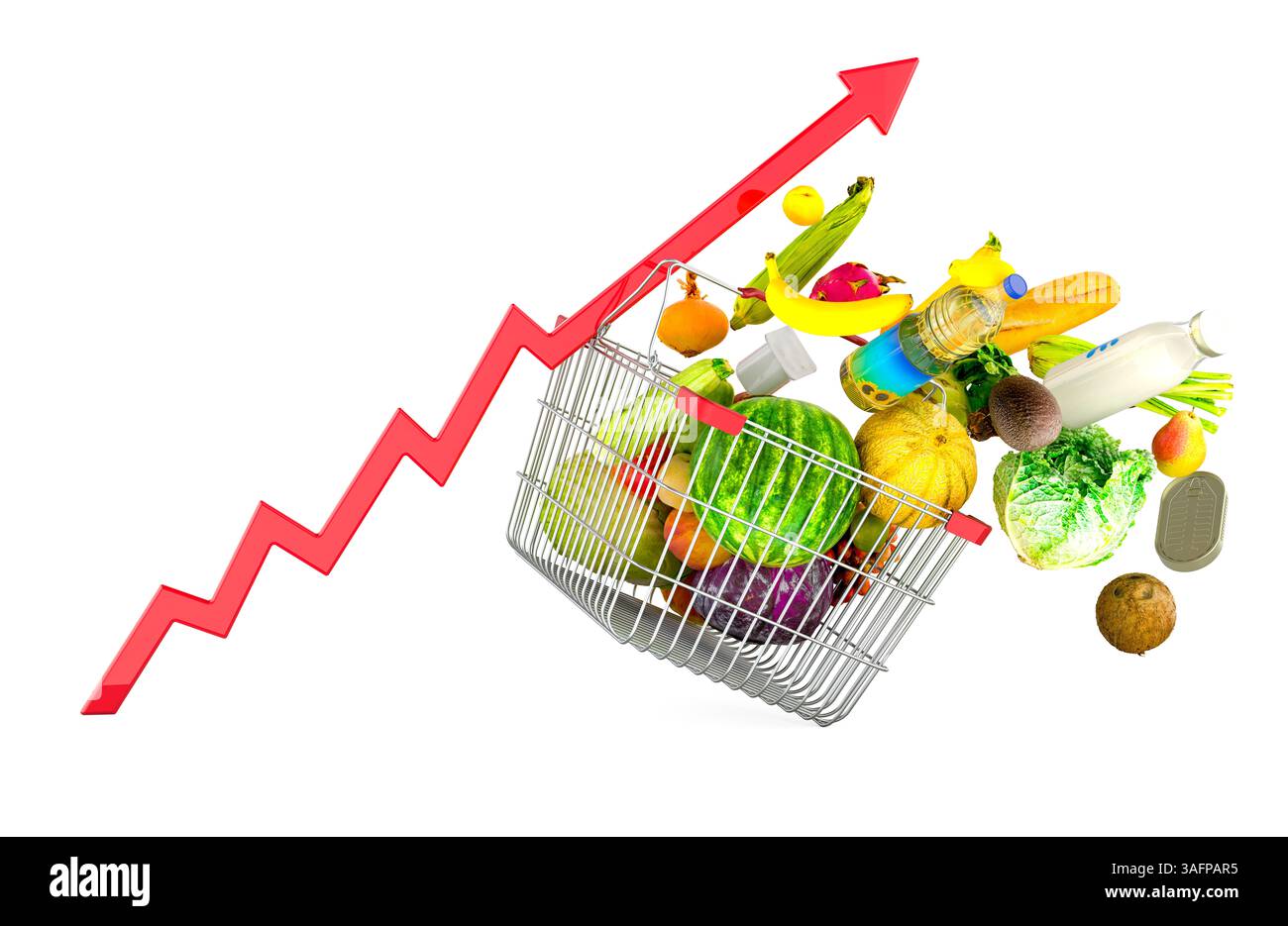 Shopping basket with food products flying out of it and growing red ...