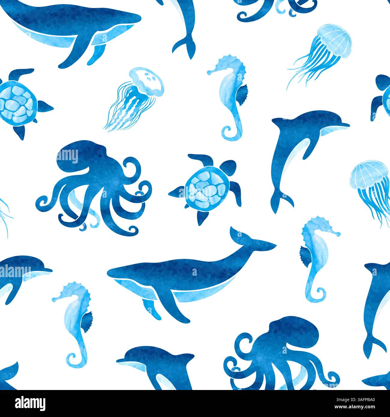 Seamless nautical pattern with watercolor sea animals - whale, dolphin ...