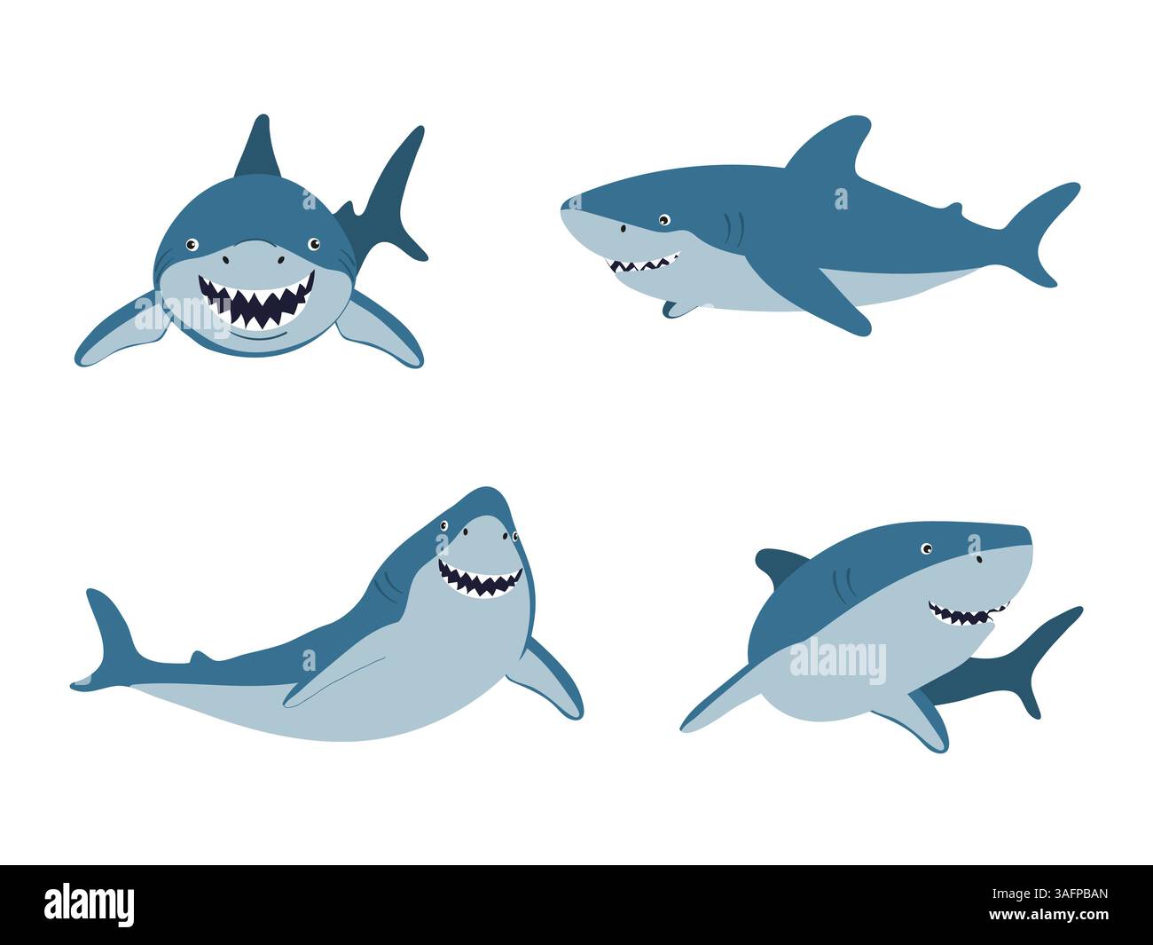 Cartoon Sharks vector illustration. Cute smiling shark in different ...