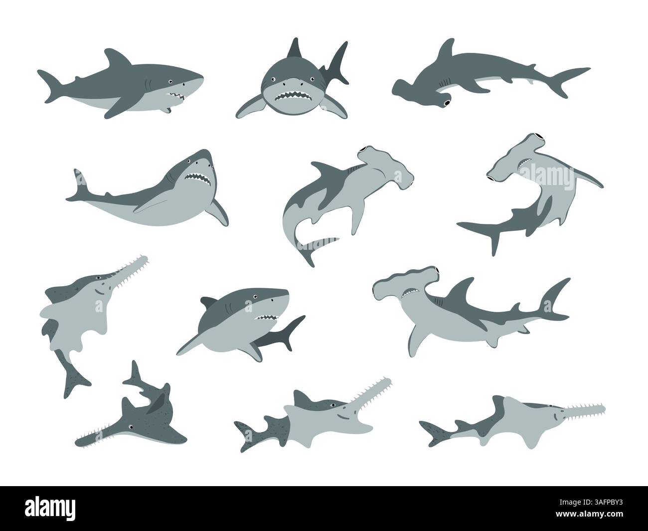 Sharks vector illustration. Cartoon Hammerhead shark and sawfish in different poses. Marine ...