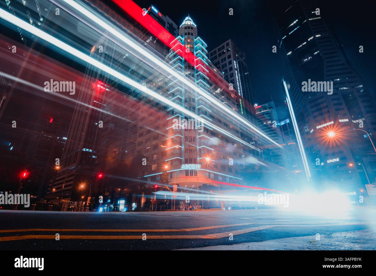 Dynamic Night Scene of Singapore City Capturing Vibrant Light Trails ...