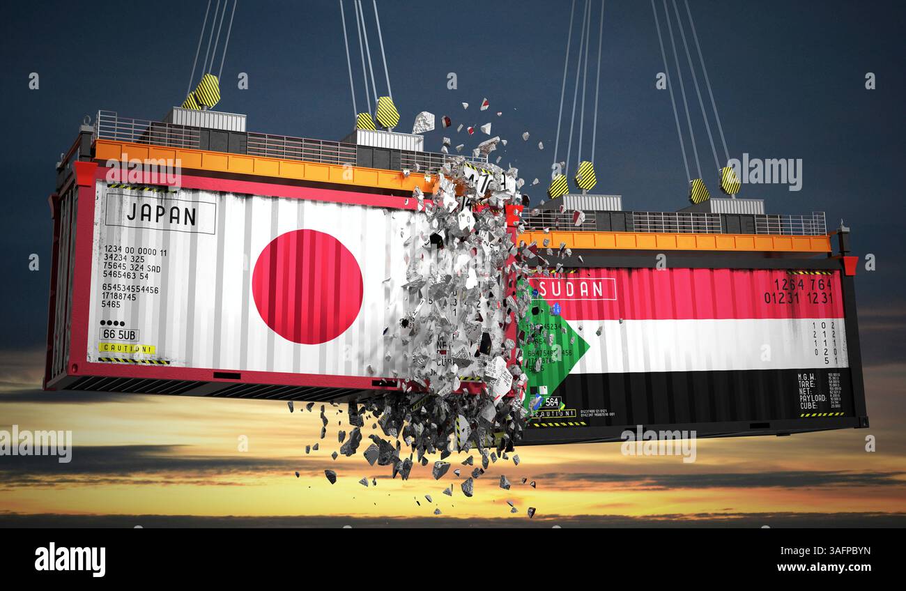 Cargo containers with flags of Japan and Sudan - 3D illustration Stock ...