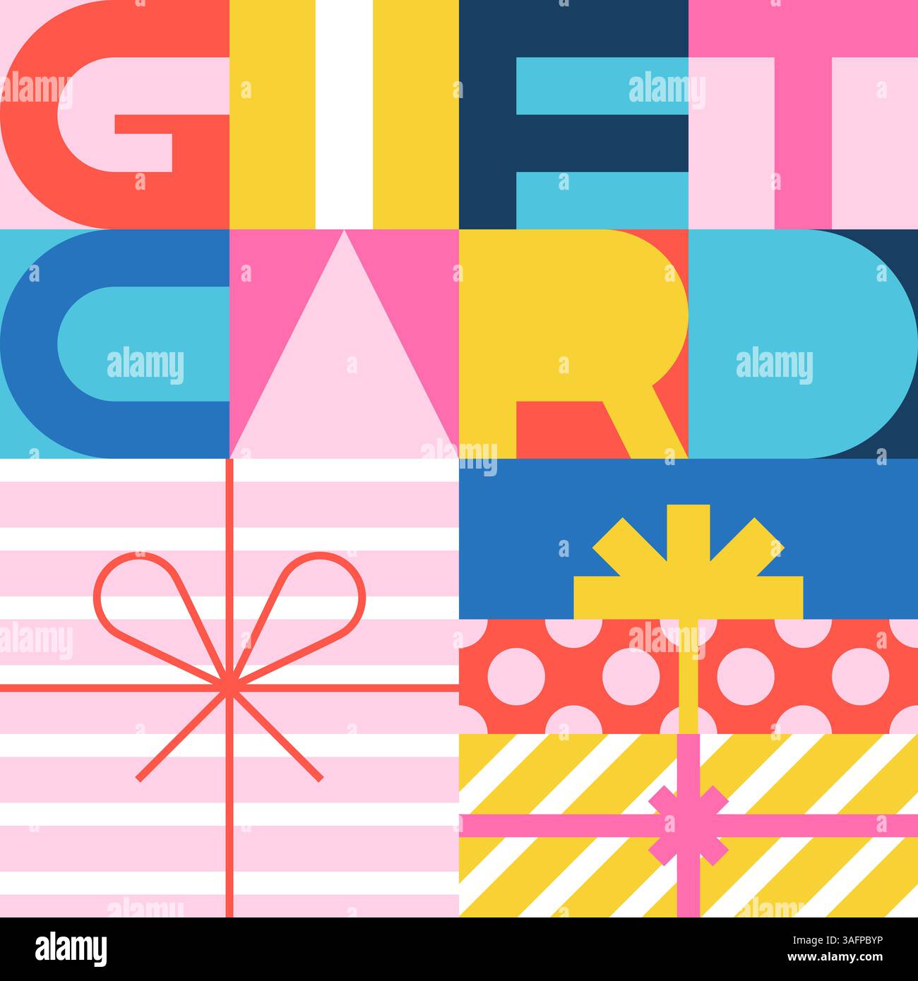 Gift card lettering. Vector geometric flat illustration of colorful ...
