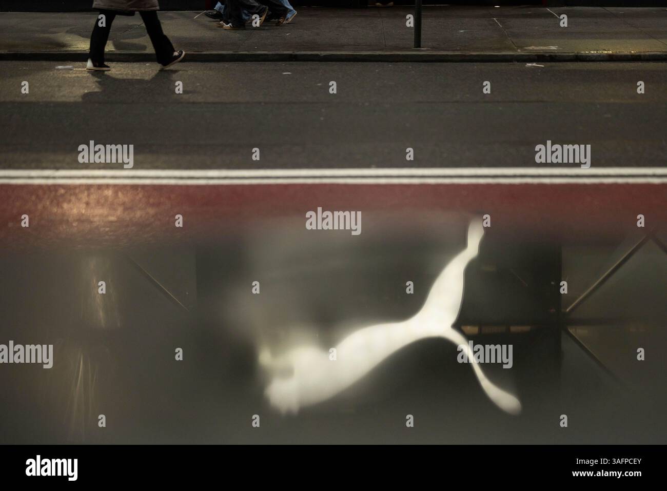 A reflection on a puddle shows Puma logo outside the Puma store on the ...