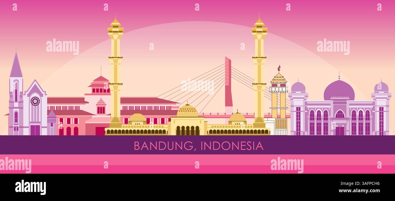 Sunset Skyline panorama of city of Bandung, Indonesia - vector ...