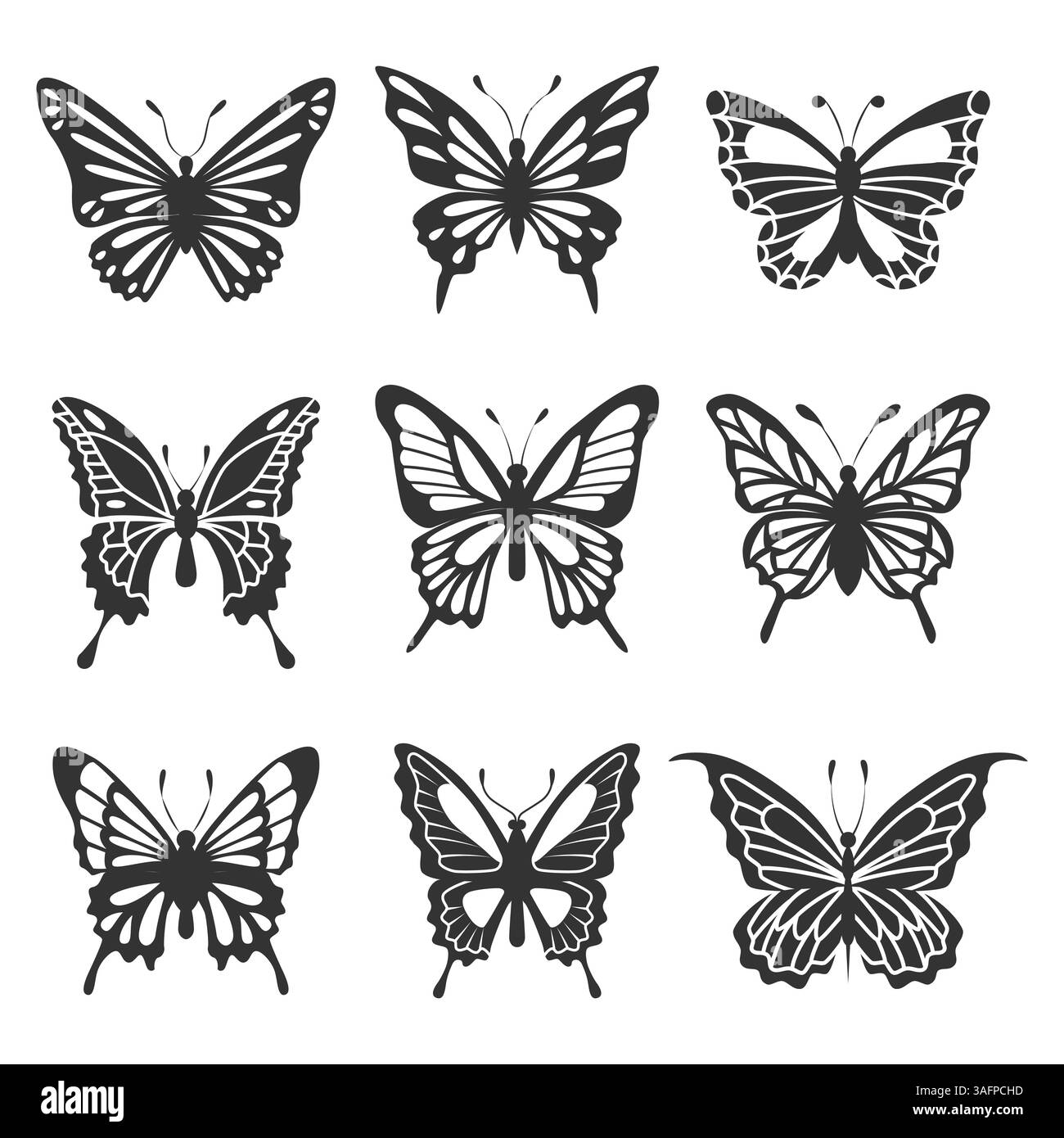 Set of nine black and white butterfly silhouettes with detailed wing ...