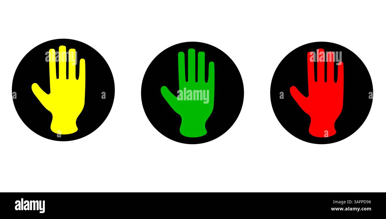 Traffic signal hands: yellow, green, red warning signs on black circles ...