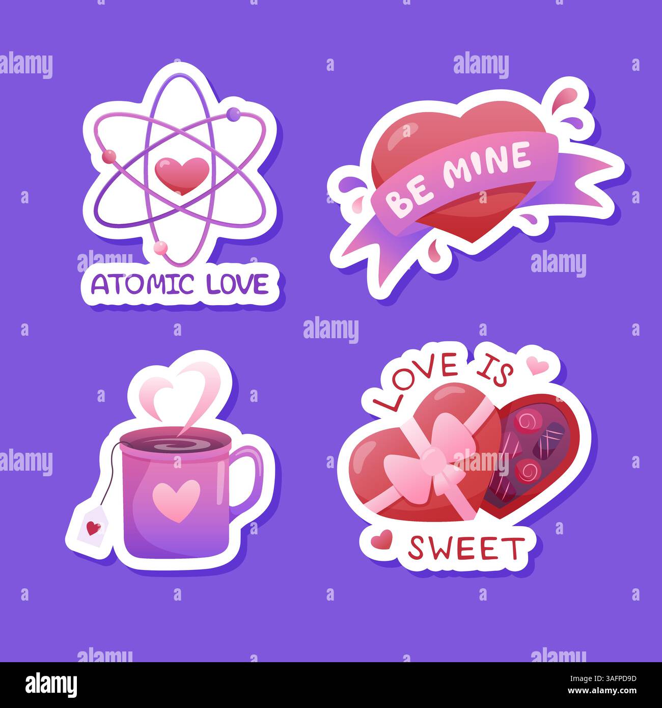Set of four romantic Valentines Day stickers featuring hearts ...