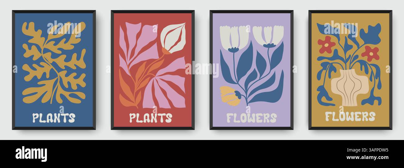 Set of four modern botanical posters with abstract floral illustrations ...