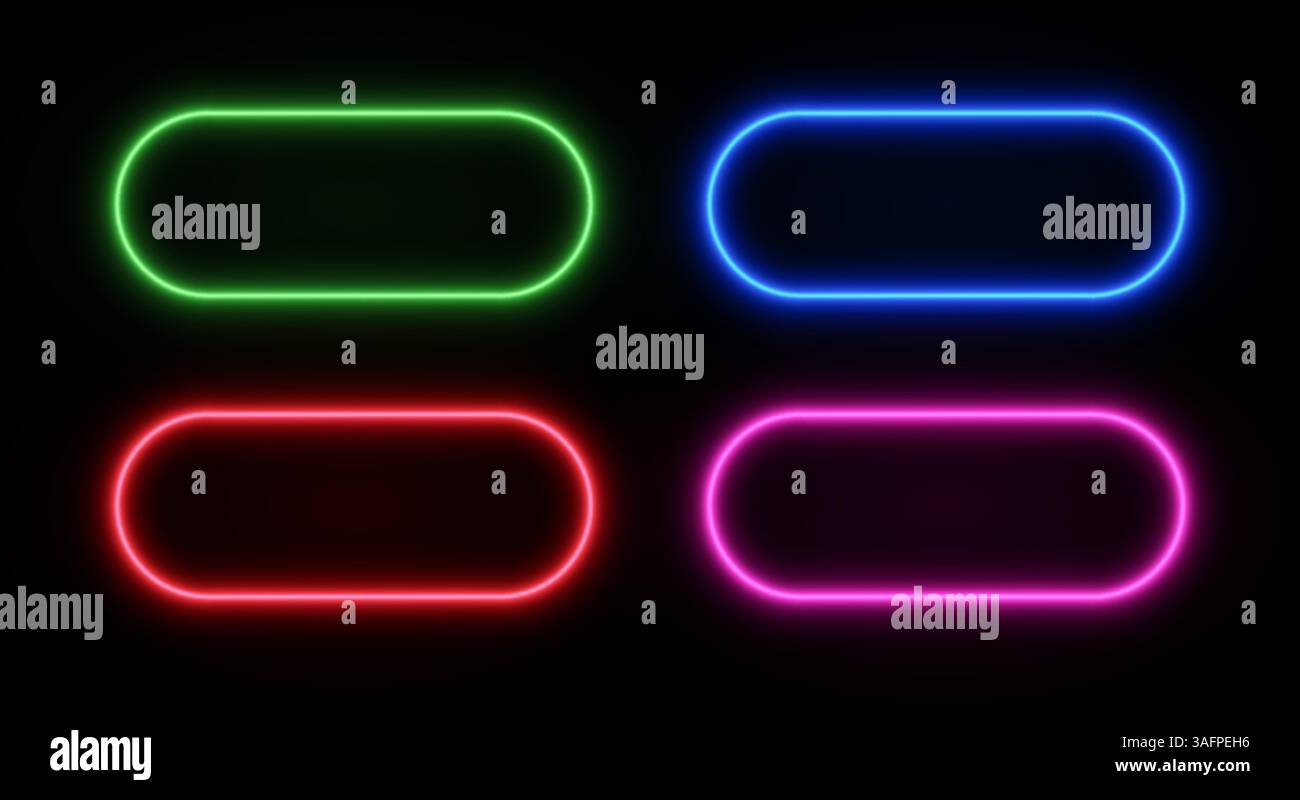 Neon glow rounded rectangle frame. Button led border light. Laser ...