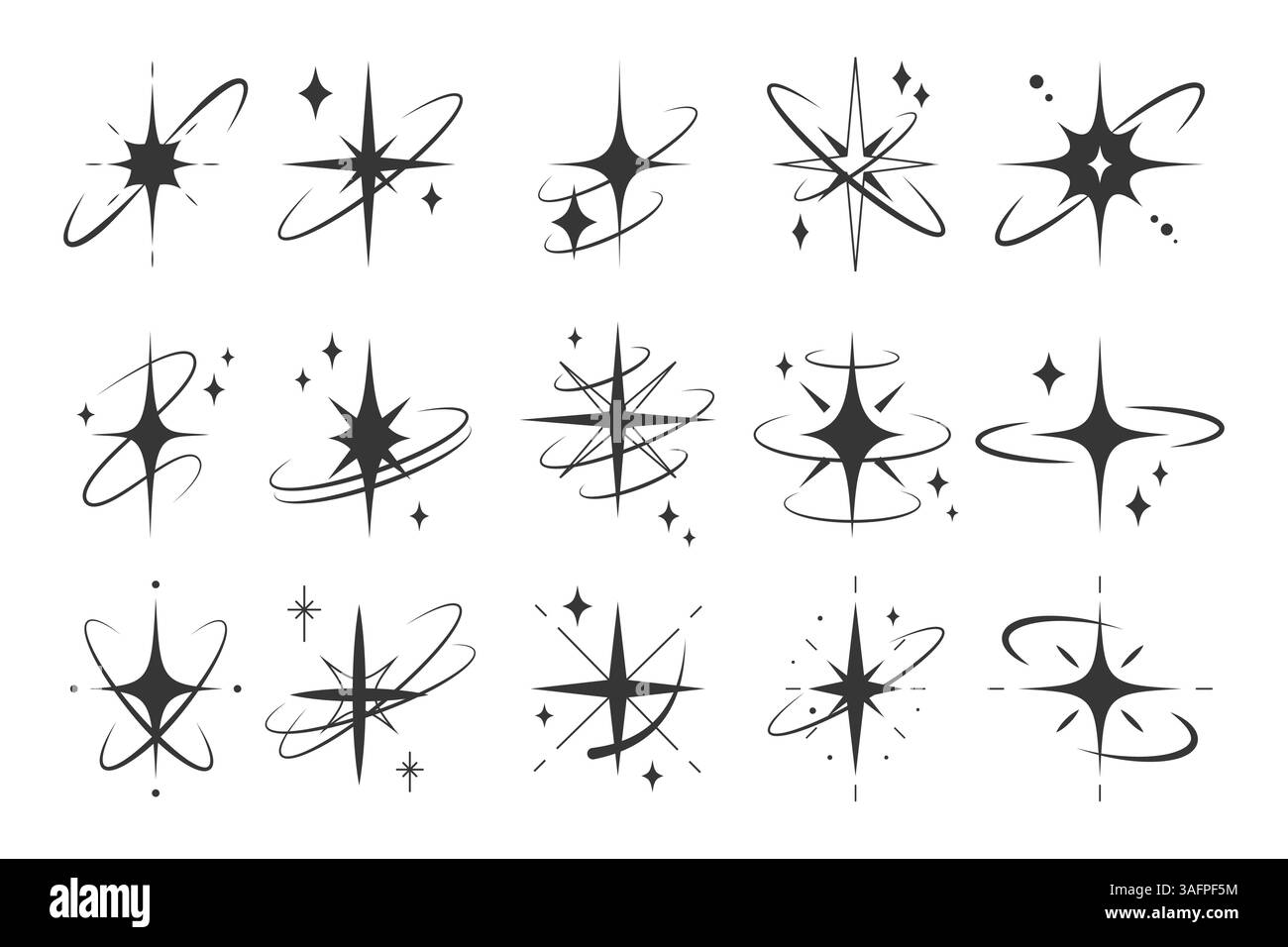 Set of sparkling starburst elements in various styles. Star burst, flash stars. Shining lights ...