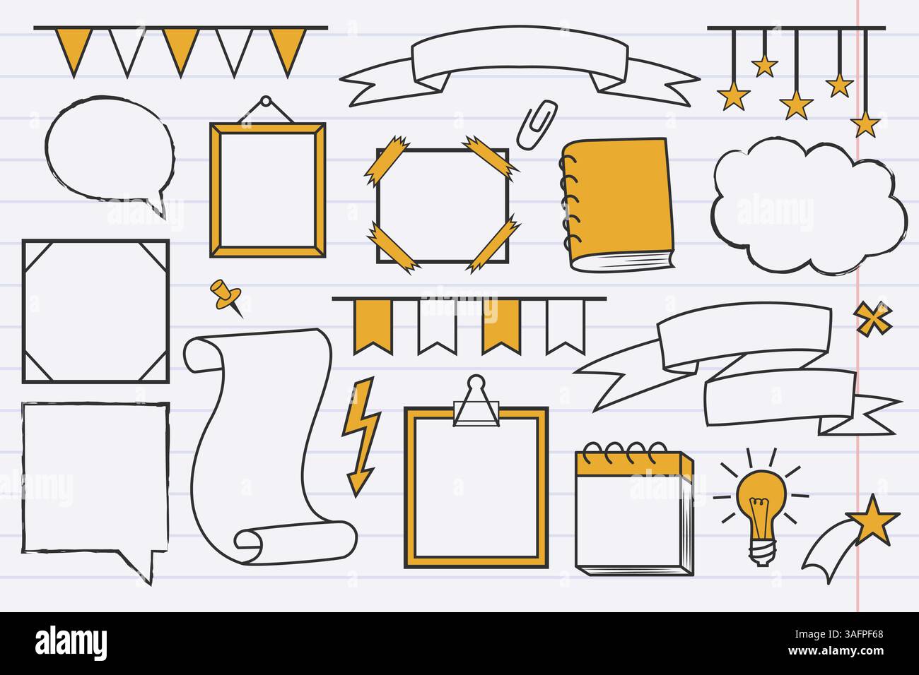 Collection of hand drawn stickers. Frames, speech bubbles, banners, and ...