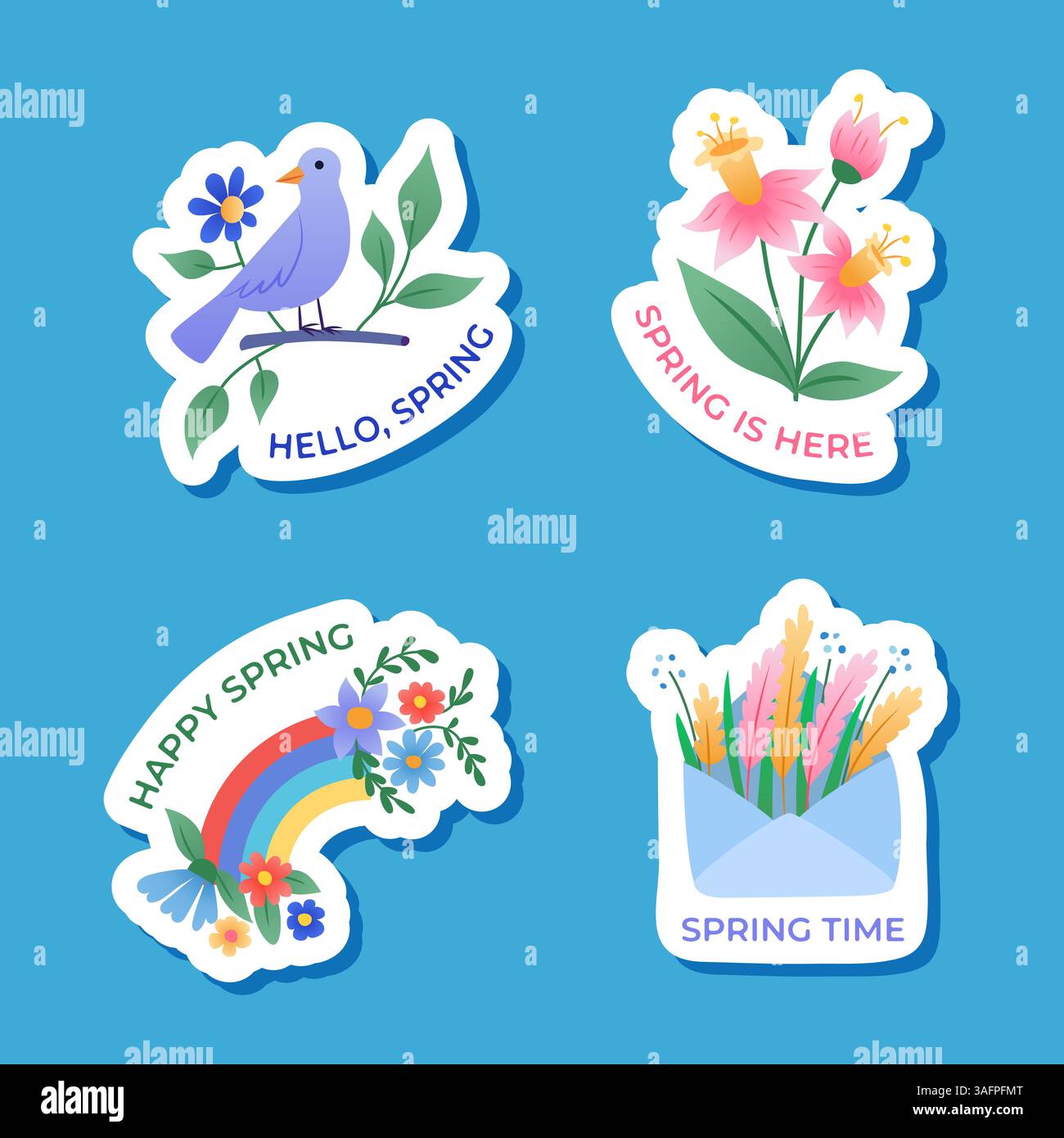Collection of colorful spring themed stickers with flowers, bird ...