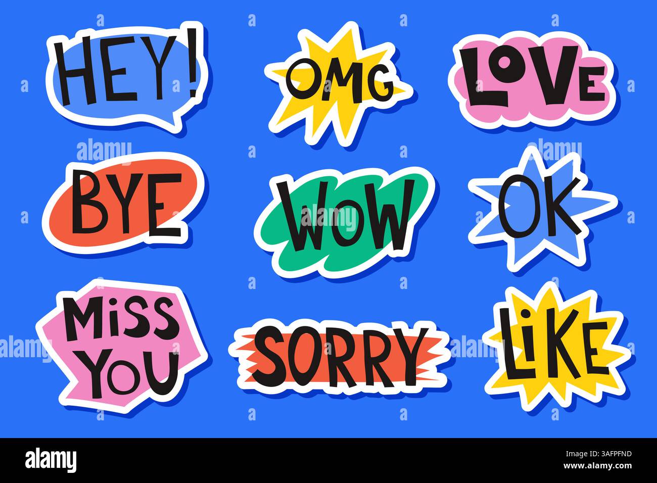 Colorful cartoon style hand drawn phrases in a different comic shapes ...
