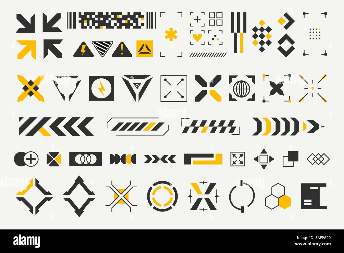 Set of futuristic sci fi UI elements in black and yellow. Cyberpunk themed interfaces, HUD ...