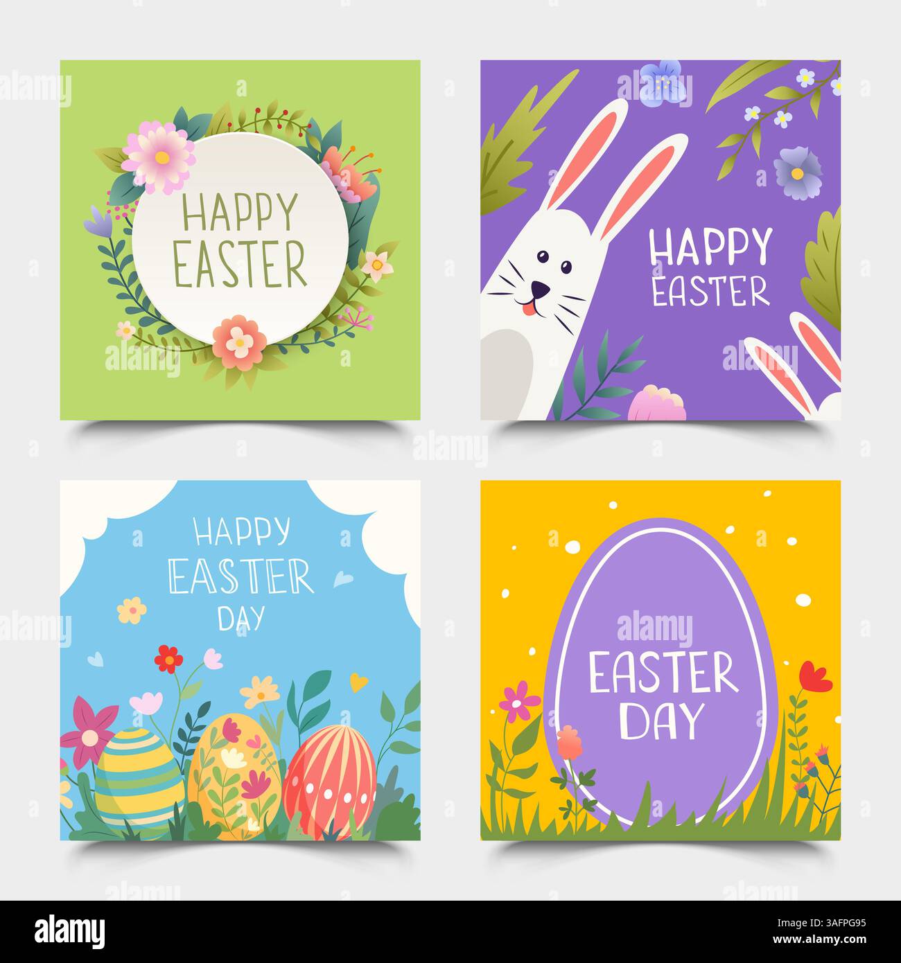 Collection of square Easter cards featuring bunnies, eggs, and flowers ...