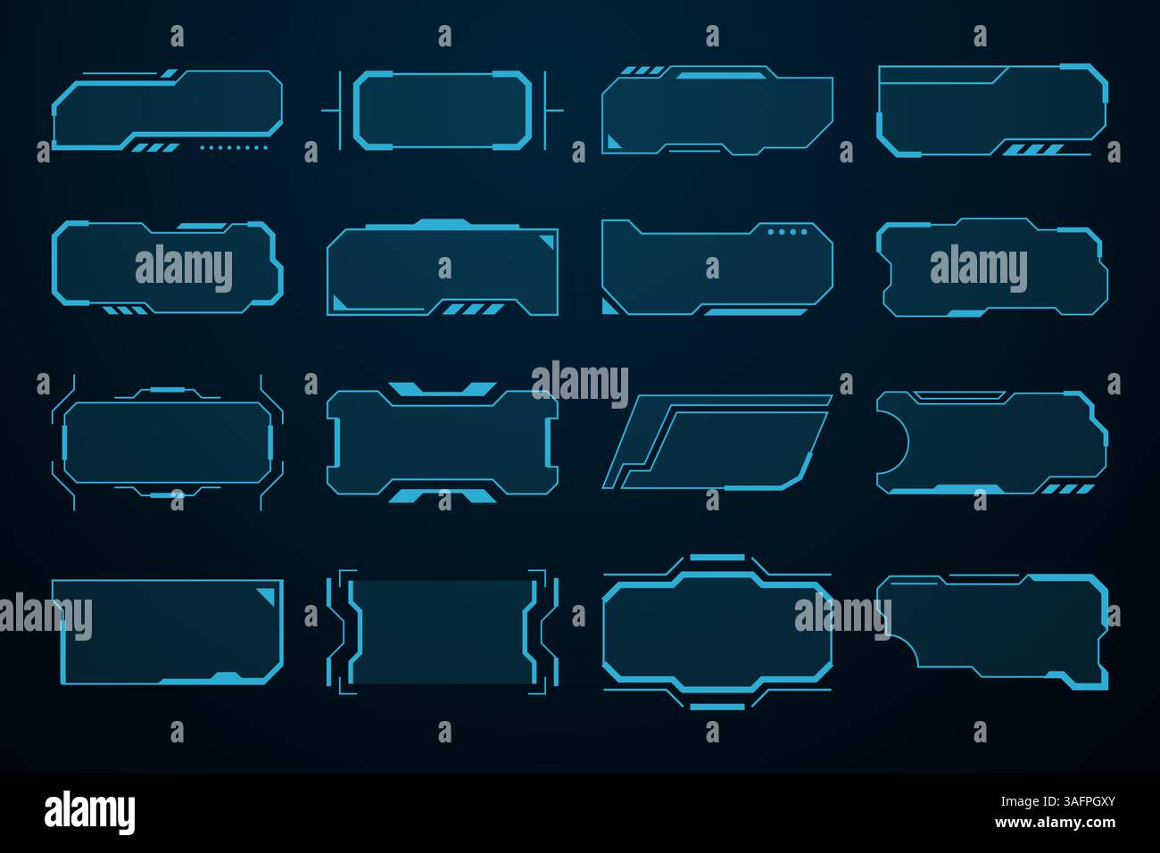 Set of futuristic HUD title frames with neon blue outlines on a dark background. Cyberpunk ...