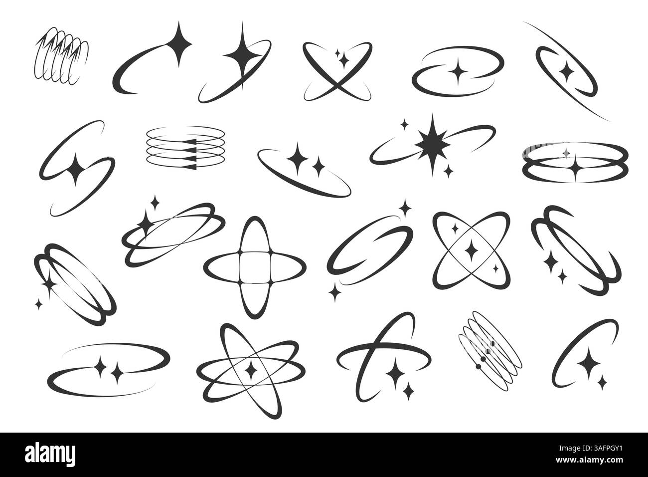 Futuristic spin and sparkle graphic elements. Y2K inspired orbital ...