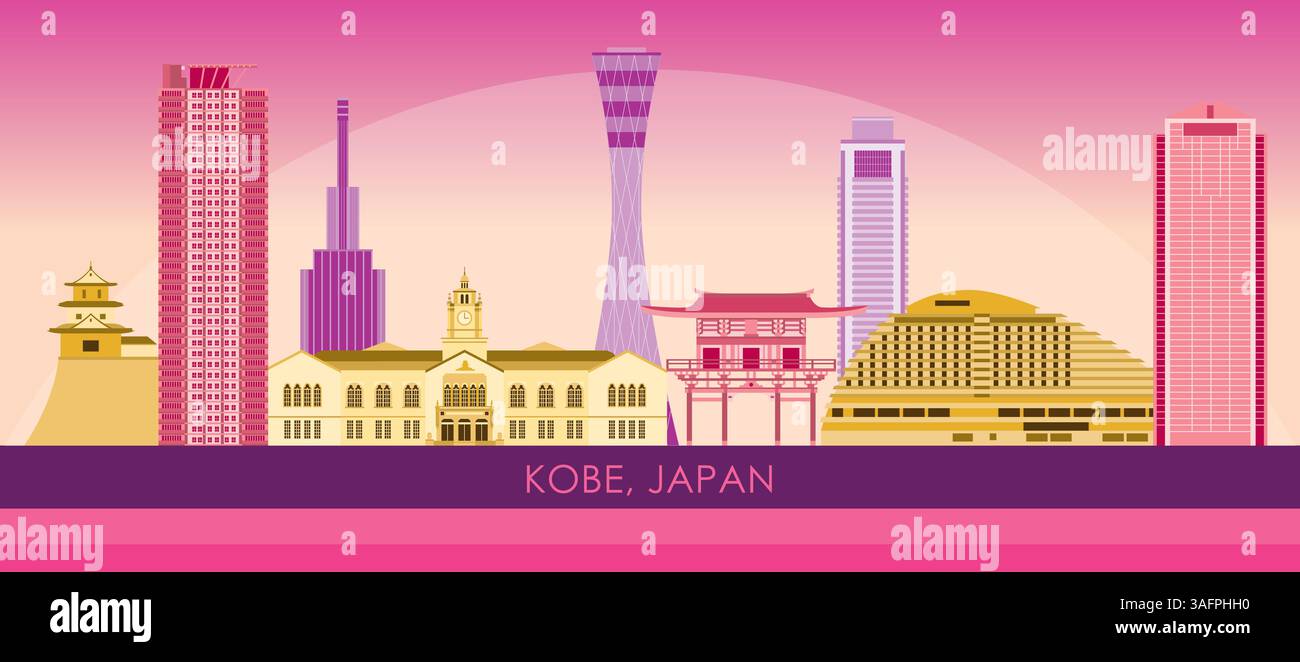 Sunset Skyline panorama of city of Kobe, Japan - vector illustration ...
