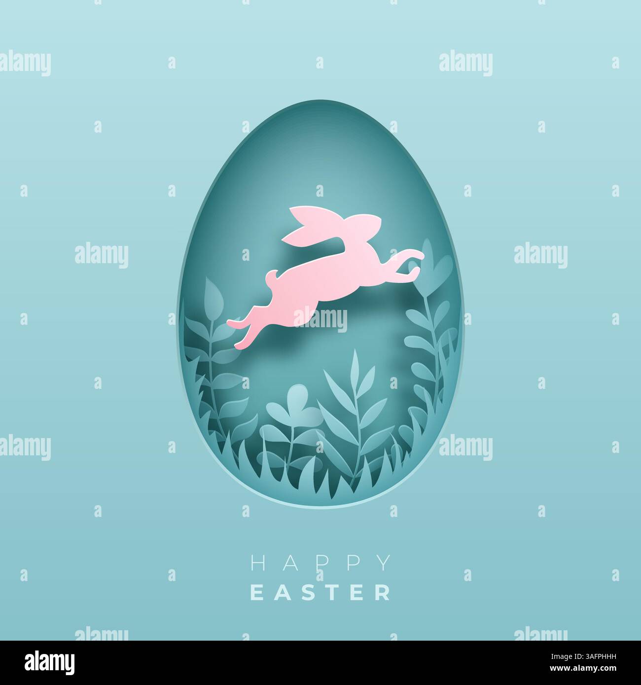 Papercut Easter illustration with a pink rabbit jumping inside an egg ...